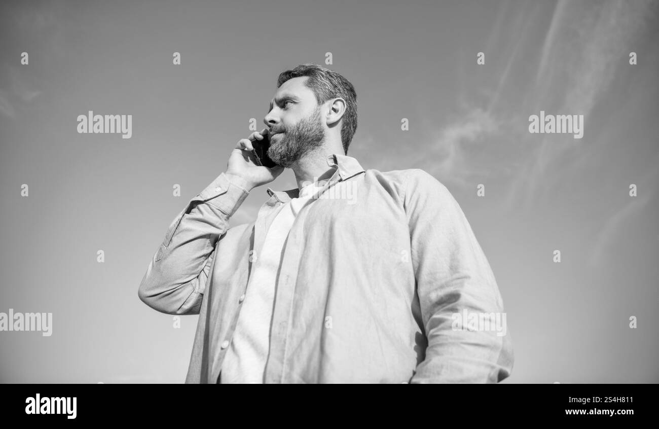 god connection. communication of man talk on phone. man talking on ...