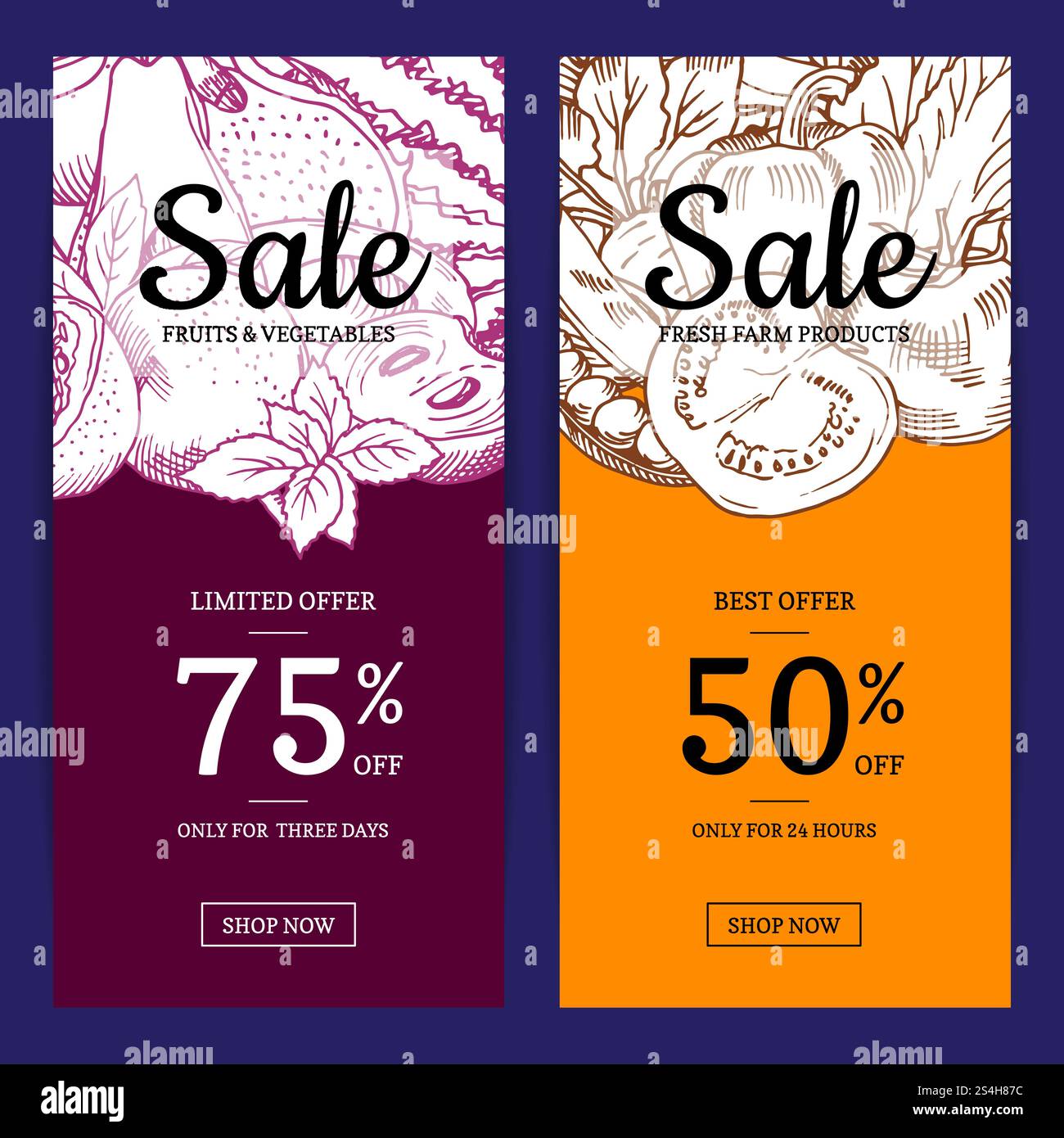 Vector handdrawn fruits and vegetables sale flyer, banner templates ...