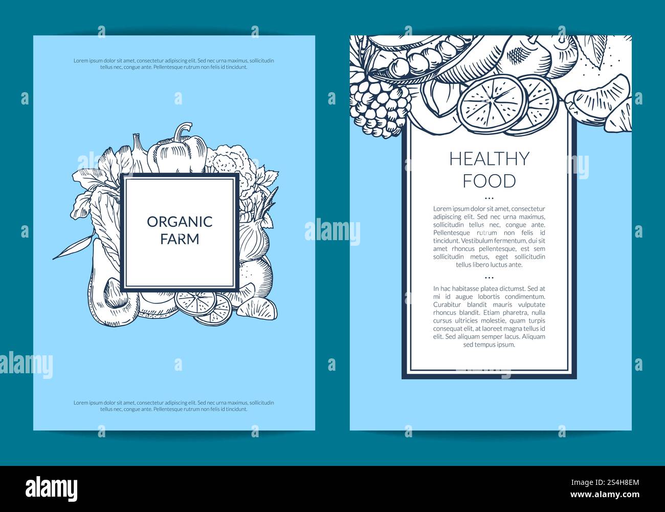 Vector handdrawn fruits and vegetables vegan, healthy food card ...