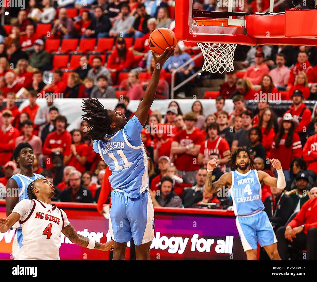 January 12, 2025: North Carolina freshman Ian Jackson (11) goes up for ...