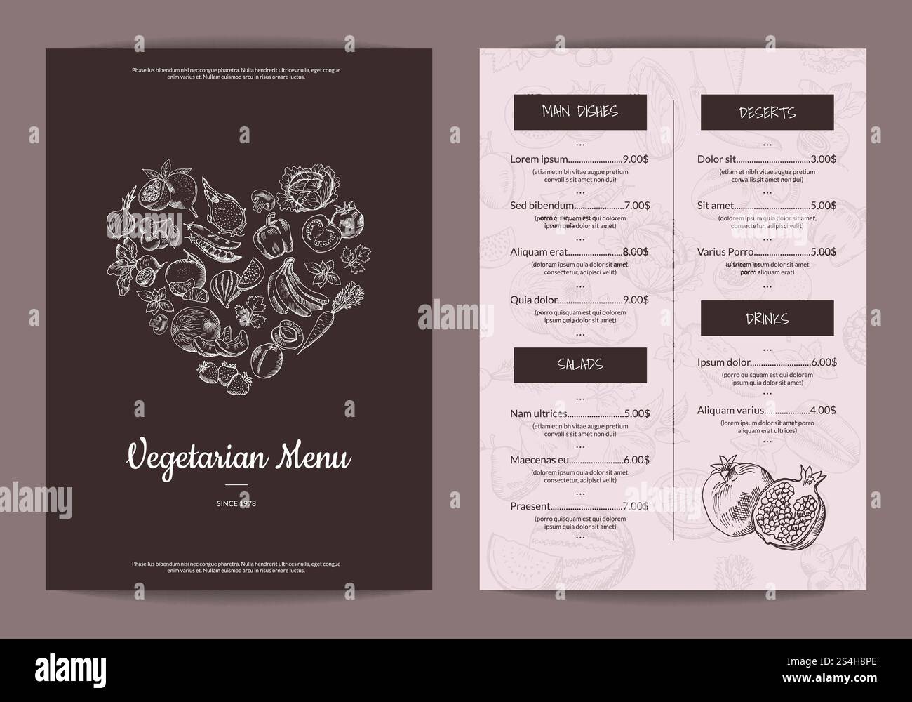 Vector handdrawn heart shaped fruits and vegetables vegan healthy food ...