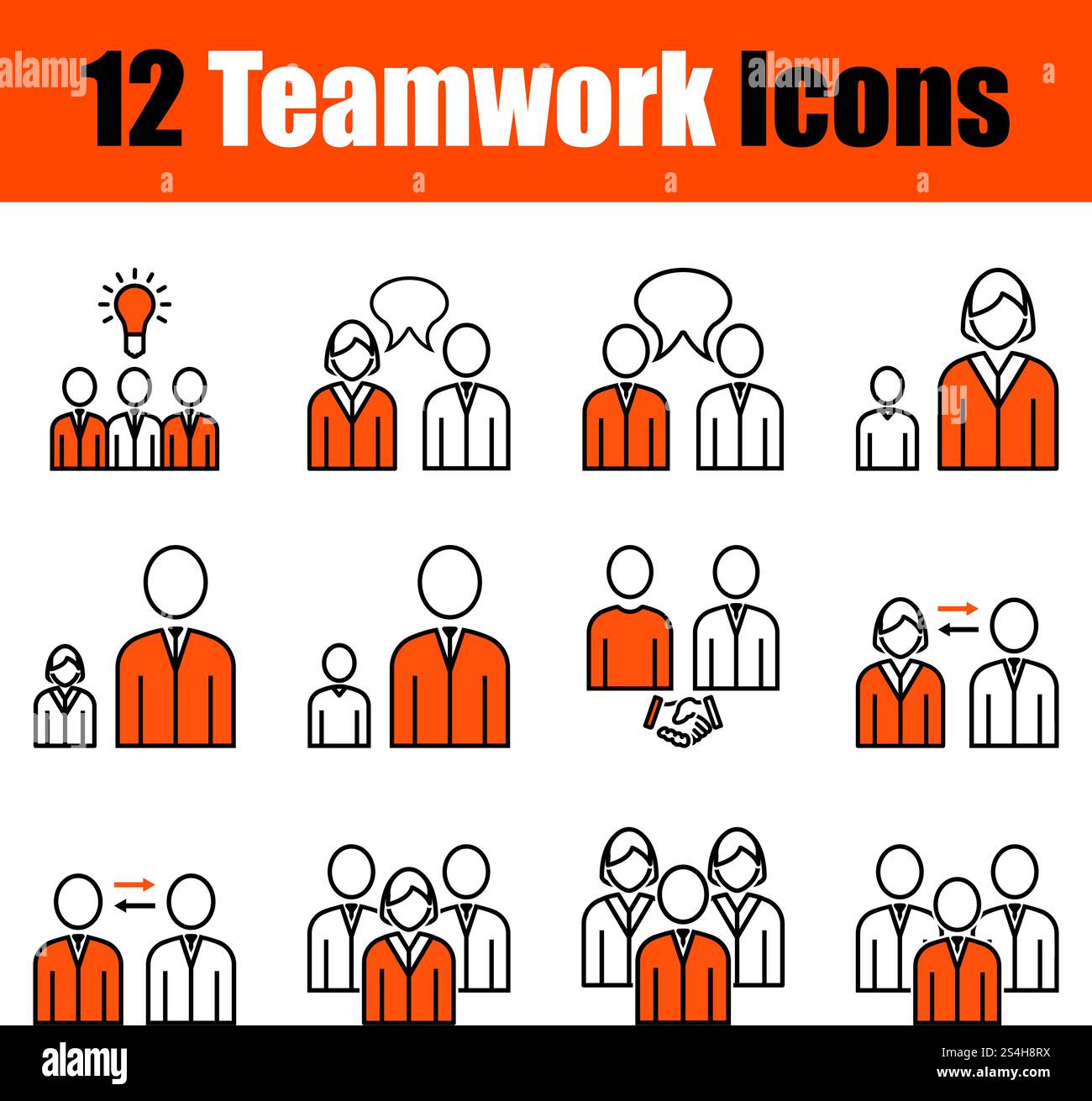 Set of 12 icons on Teamwork theme. Thin Line With Orange Design. Fully ...