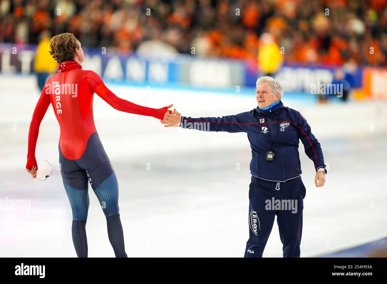 HEERENVEEN, NETHERLANDS - JANUARY 12: Sander Eitrem of Norway, Edel Therese Hoiseth during the ...