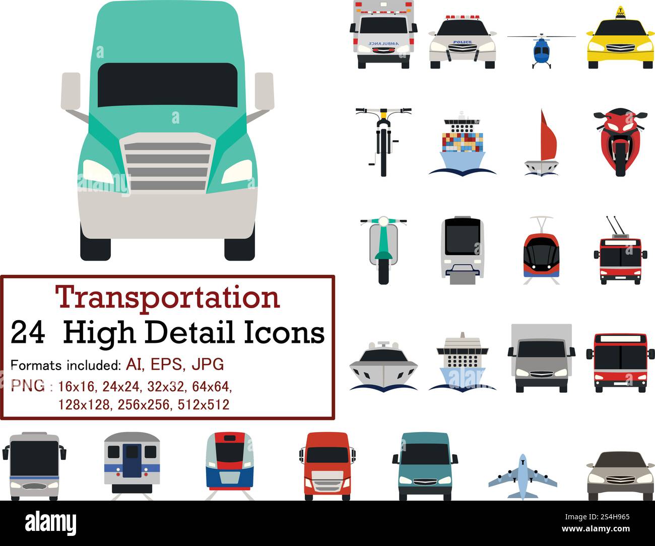 Transportation icon set in front view. Flat color design. Vector ...