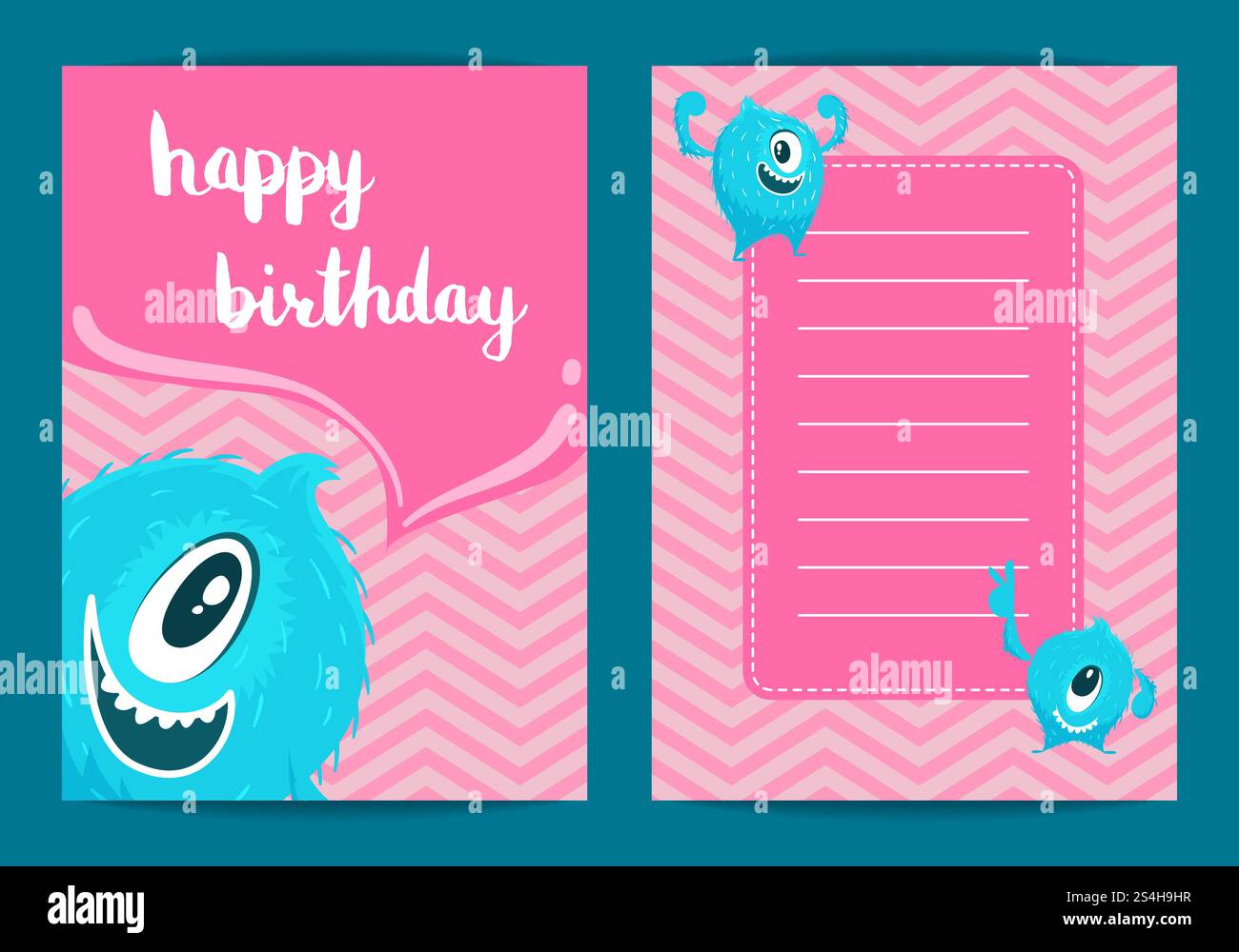 Vector happy birthday card template with cartoon monsters and speech ...
