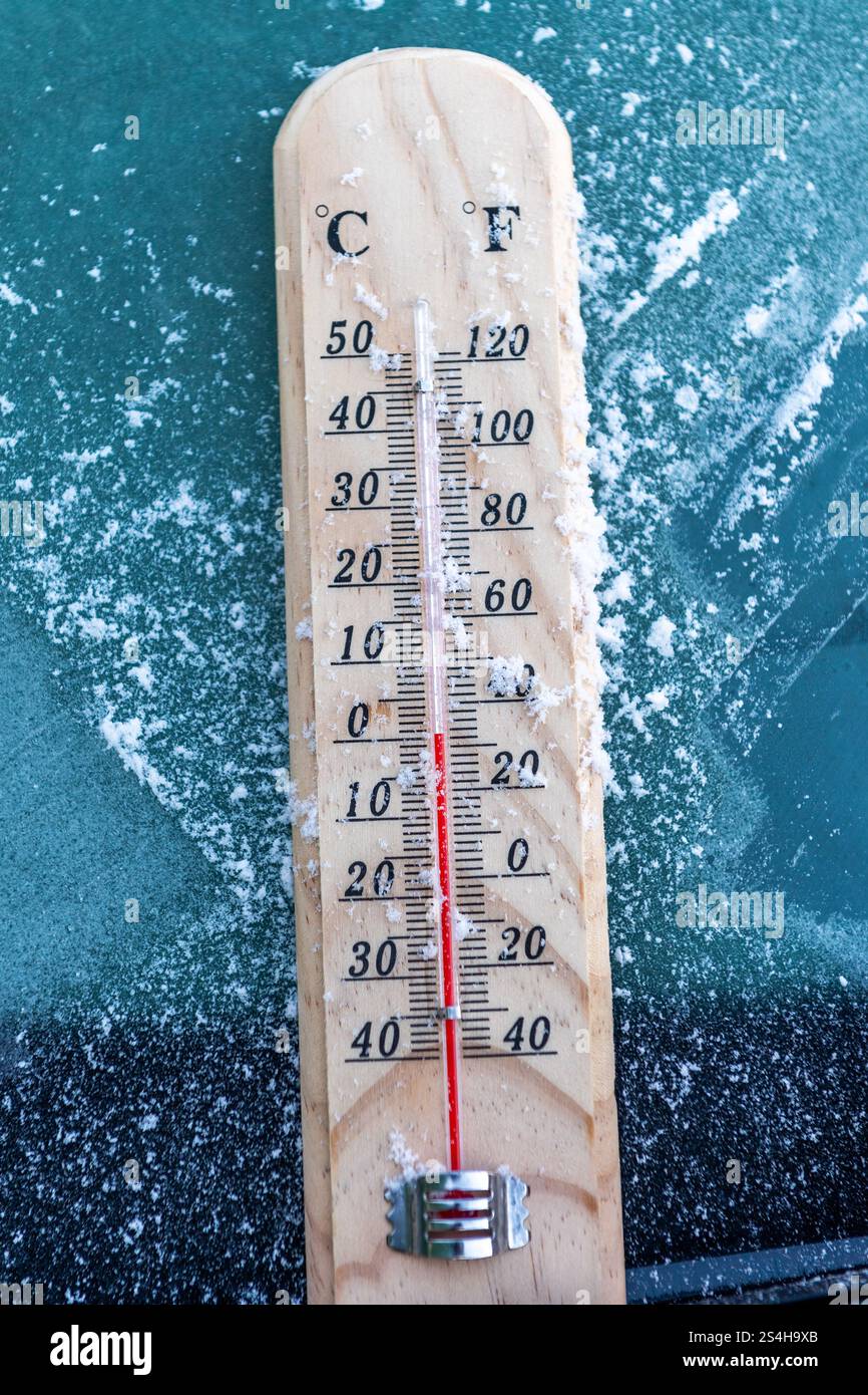 Frost covered thermometer showing a temperature of 0C in Ireland Stock ...