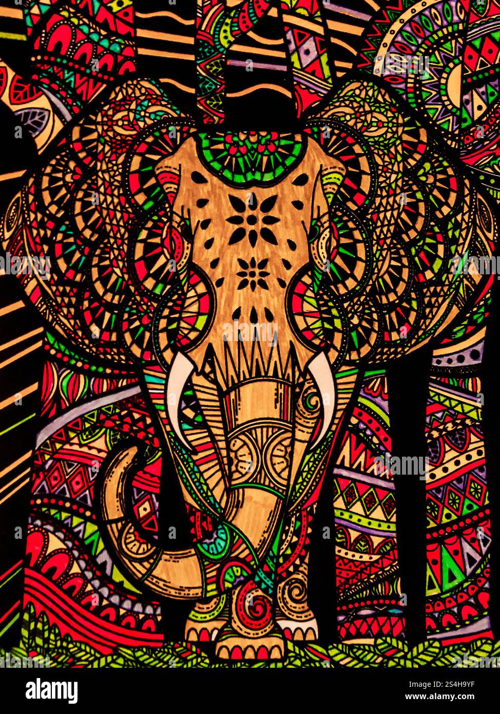 graphic representation of a colorful elephant on an Indian fabric cloth ...