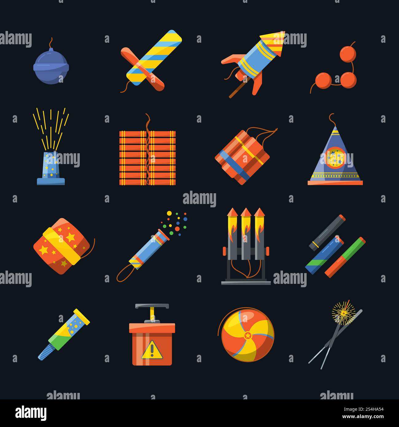 Pyrotechnics for holidays and different tools for fire show. Vector ...
