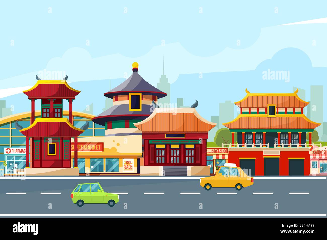 Chinese urban landscape with traditional buildings. Chinatown in ...