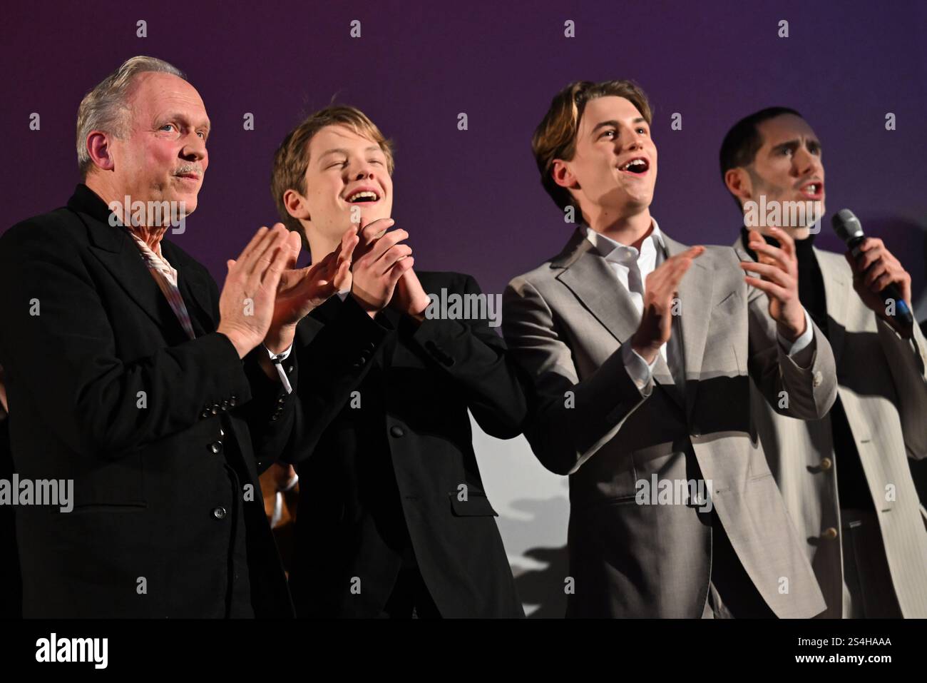 Munich, Germany. 12th Jan, 2025. Actors Ulrich Tukur (l-r), Levi Brandl and Nevio Wendt and ...