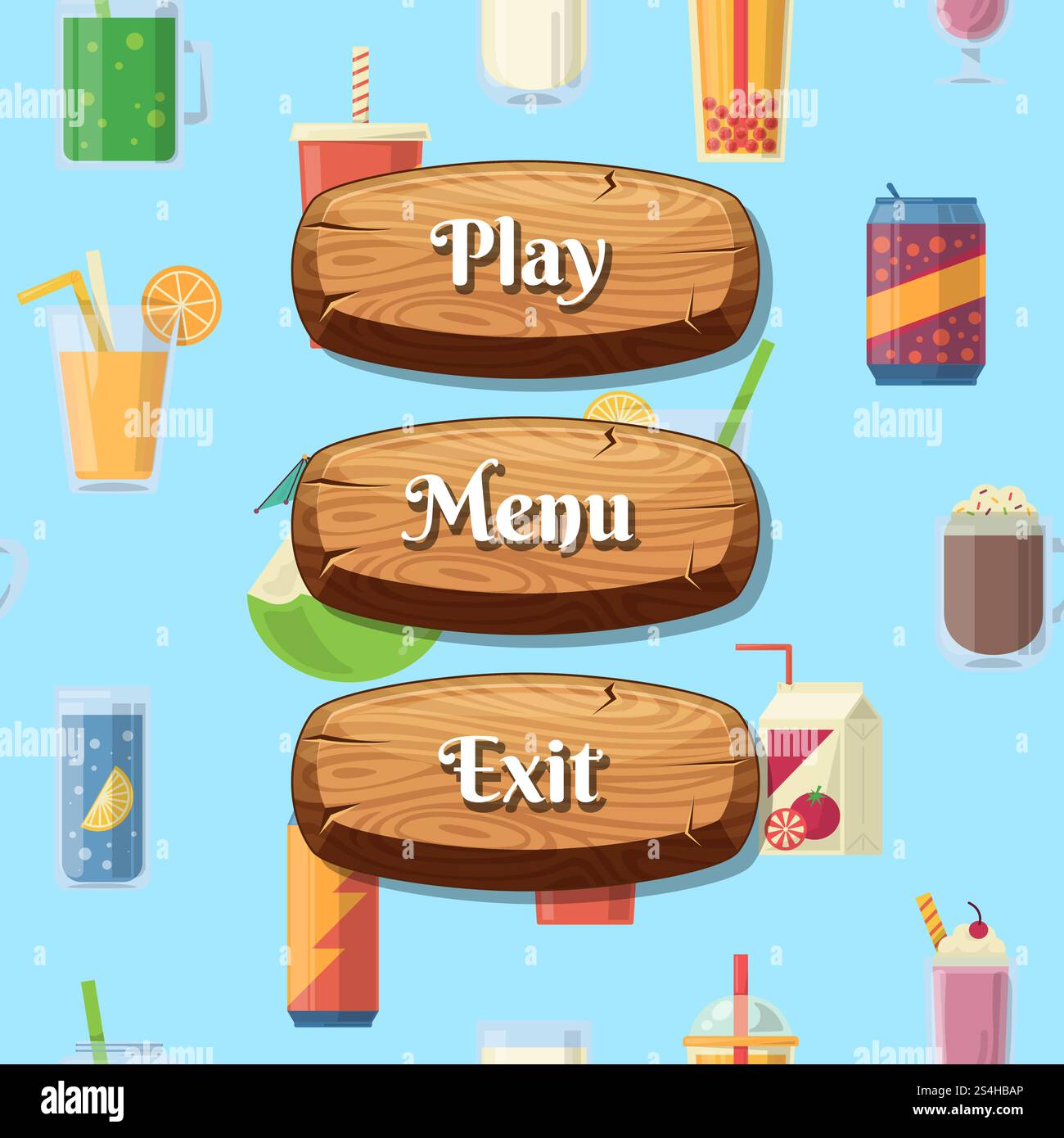 Vector cartoon style wooden buttons with text for game design on cake ...