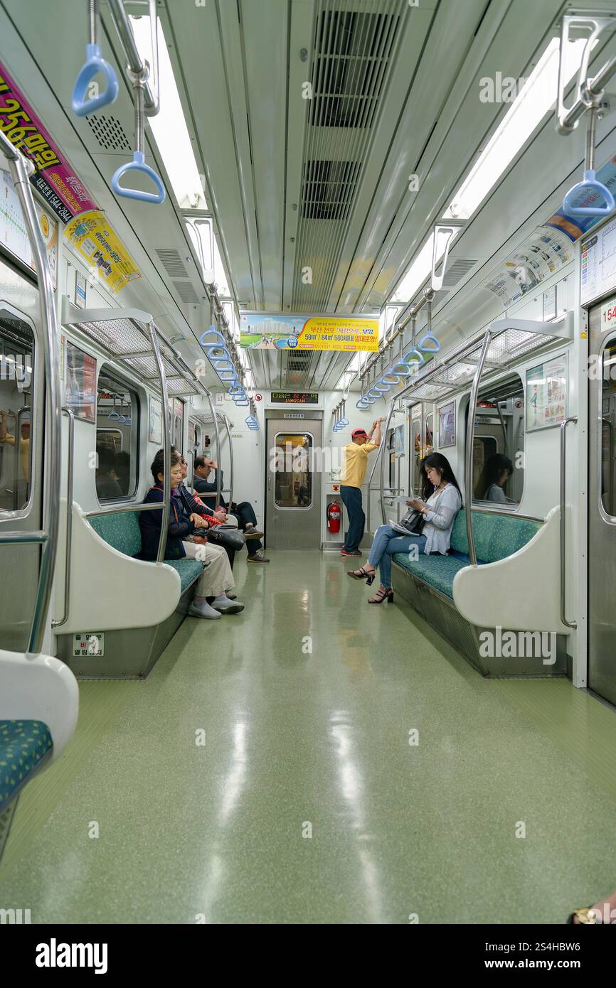 Busan, South Korea - May 25, 2017: interior shot of a train on Busan ...