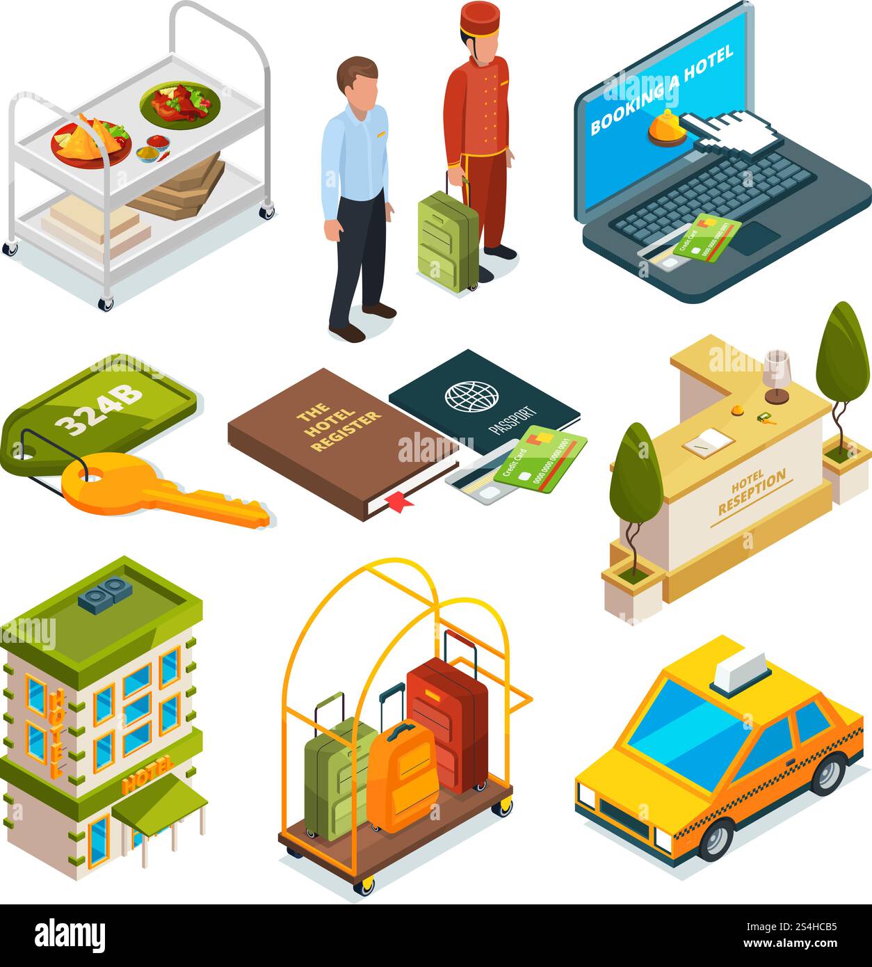 Hotel reception, isometric set of motel services illustrations. Baggage ...