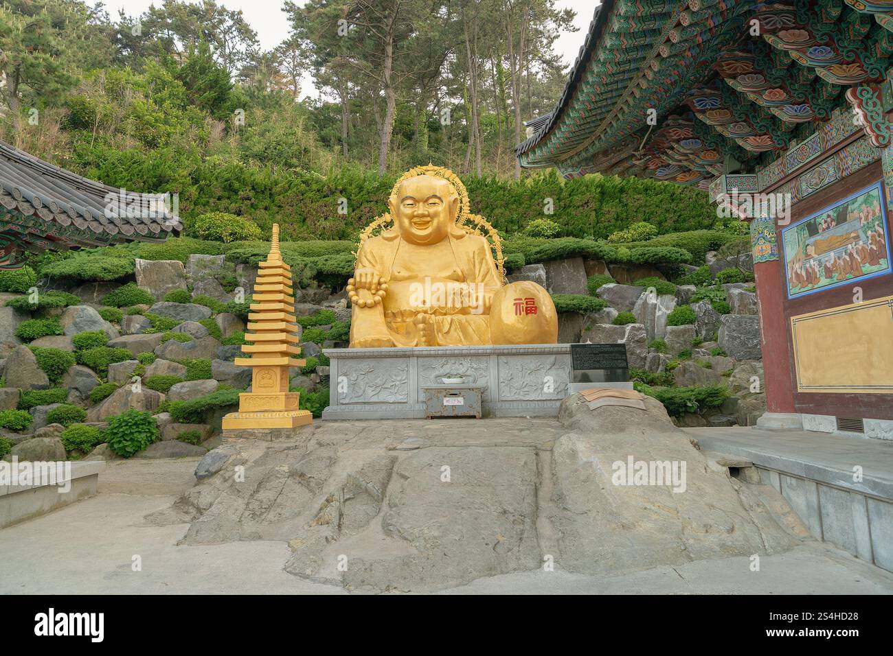 Busan, South Korea - May 25, 2017: the golden laughing Buddha statue ...