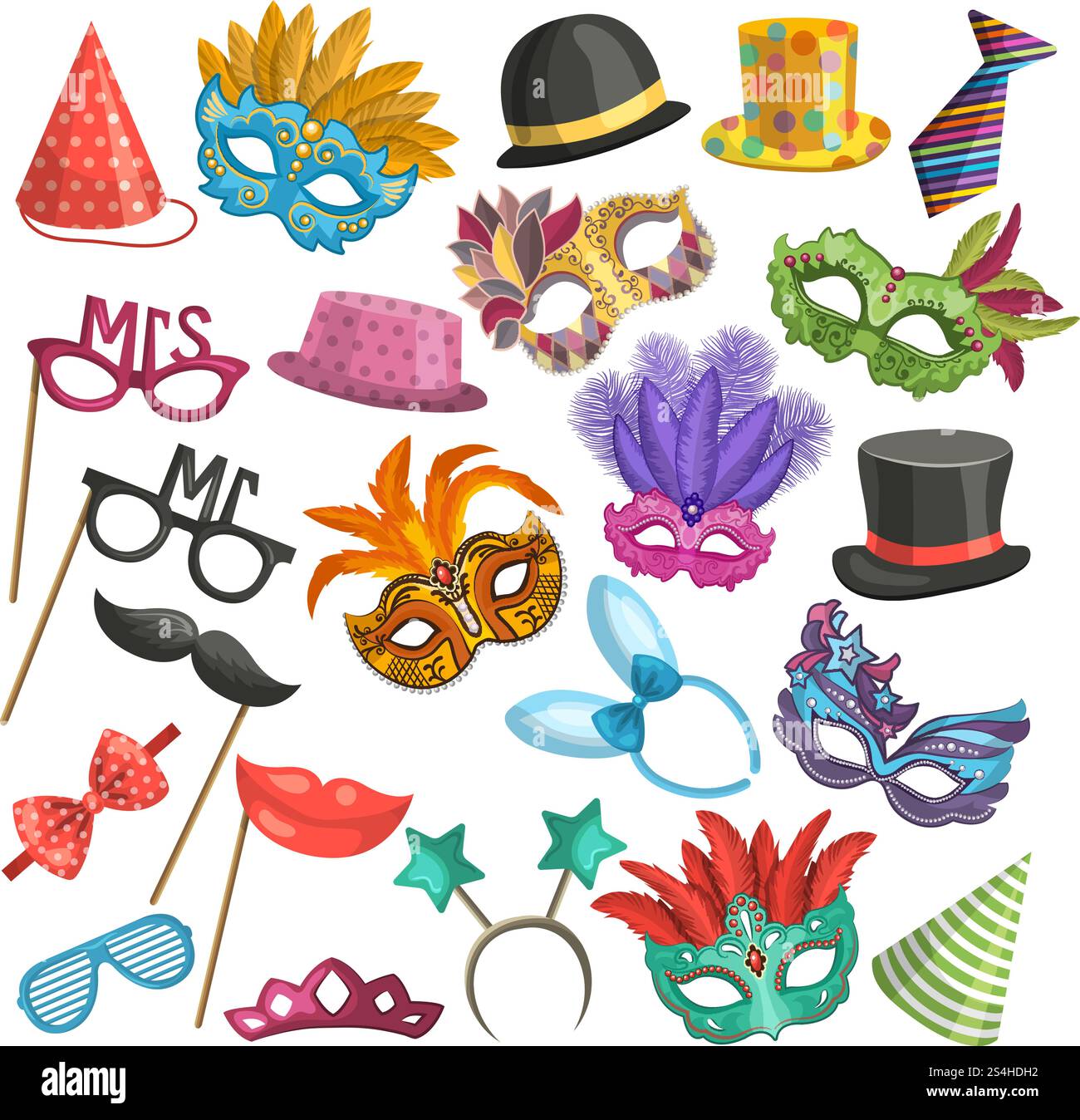 Different elements for carnival. Funny masks for masquerade. Vector ...