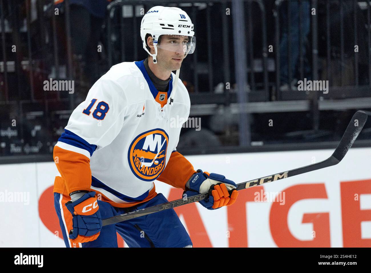 New York Islanders left wing Pierre Engvall (18) on the ice prior to ...
