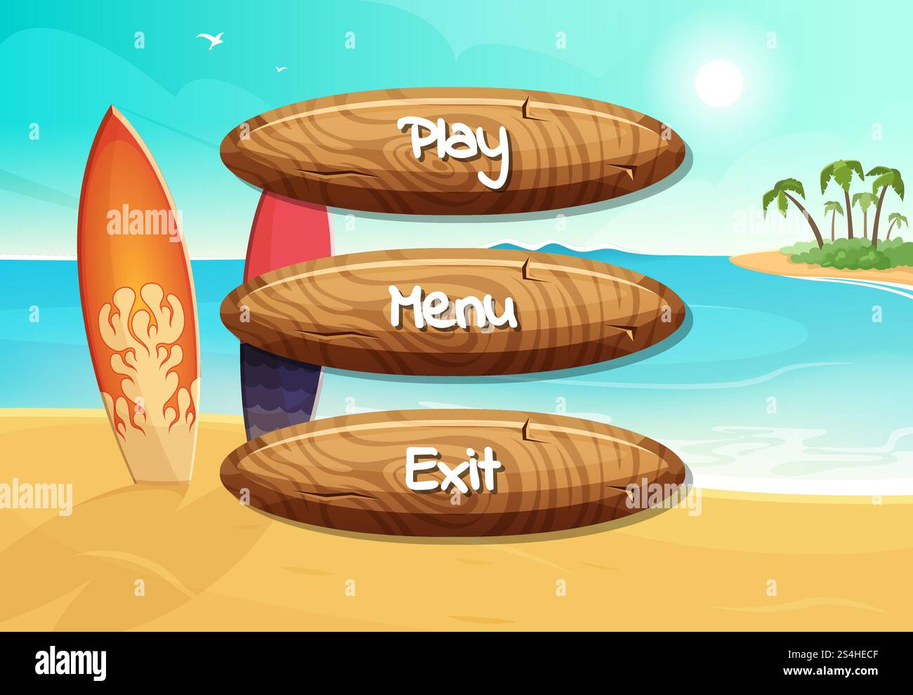 Vector cartoon style wooden buttons with text for game design on ...