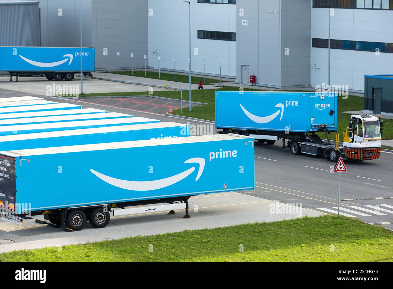 Amazon branded trailers are seen in front of Amazon Logistics Center ...