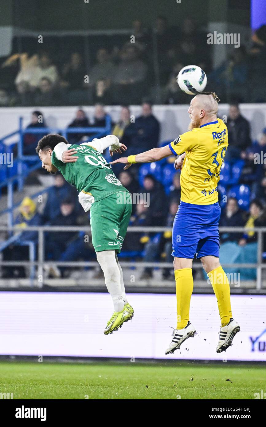 Beveren Waas, Belgium. 12th Jan, 2025. RAAL's Owen Maes and Beveren's ...