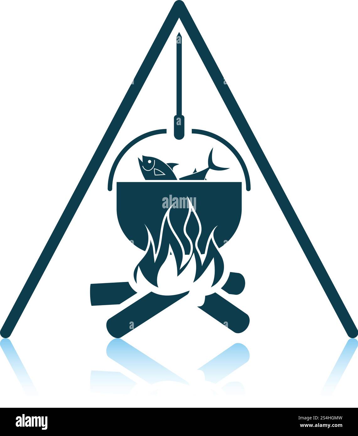 Icon of fire and fishing pot. Shadow reflection design. Vector ...