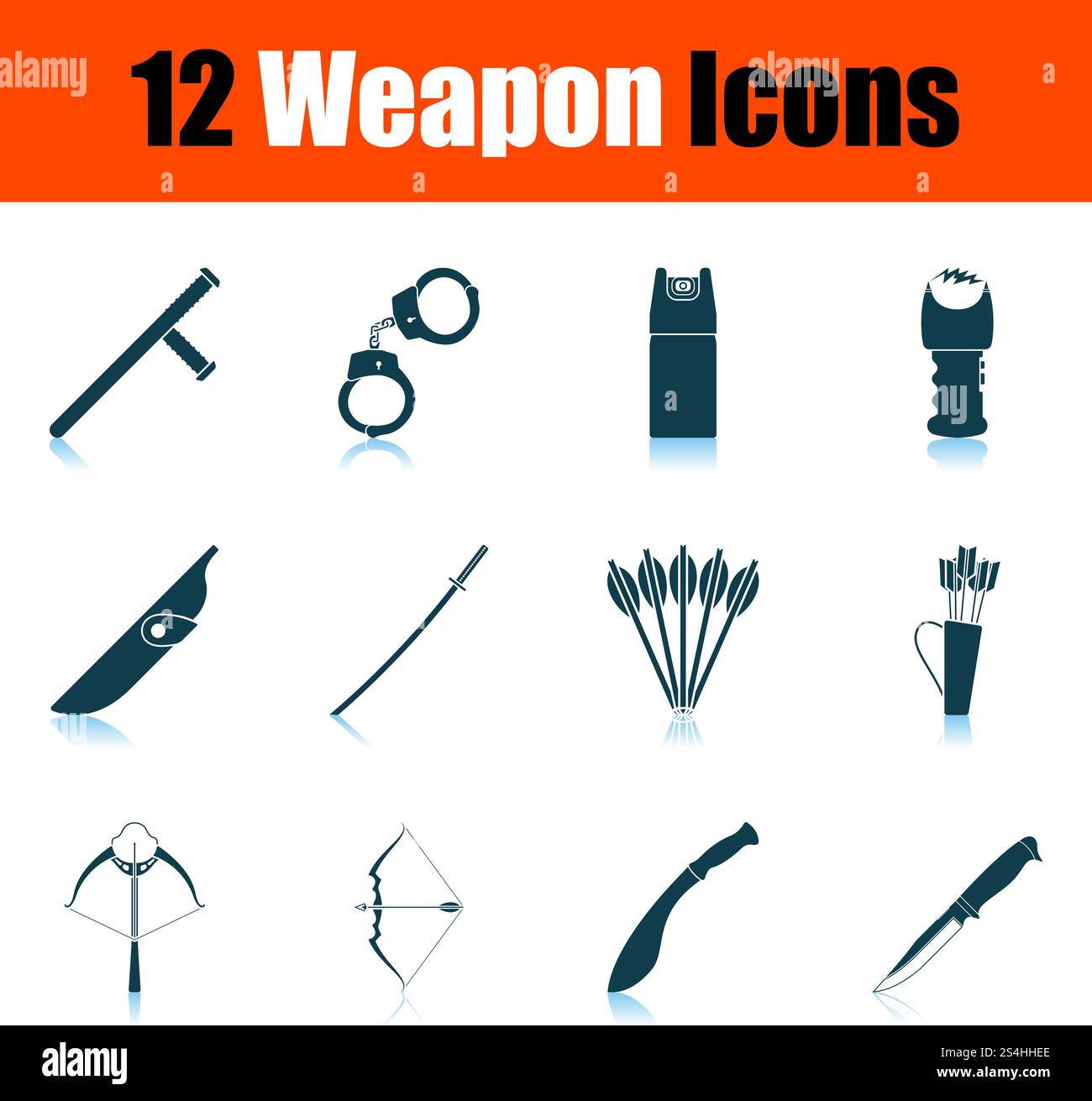 Set of 12 icons on Weapon theme. Blue Shadow Reflection Design. Fully ...