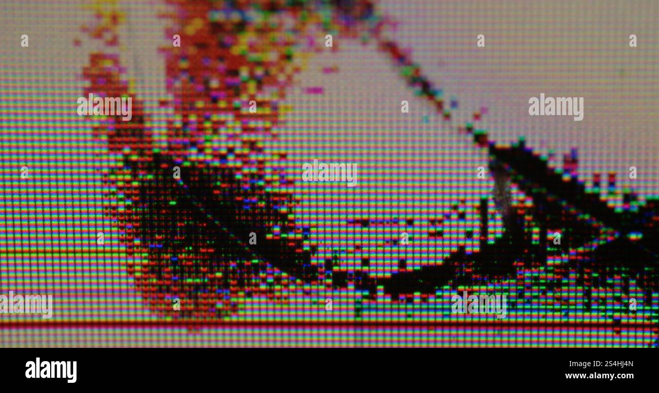 Cracked screen. Damaged TV. Black spot glitch blur spreads across ...