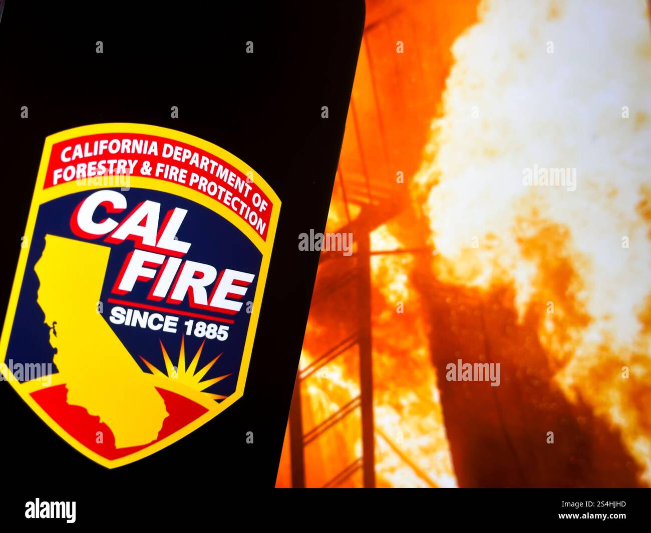 Los Angeles, California, USA. 12th Jan, 2025. The Cal Fire emblem, also ...