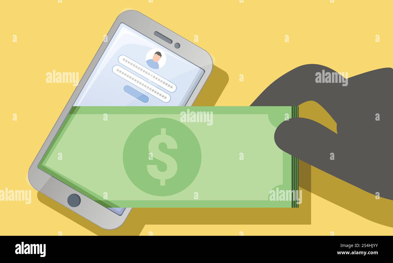Smartphone money phishing concept background. Cartoon illustration of ...