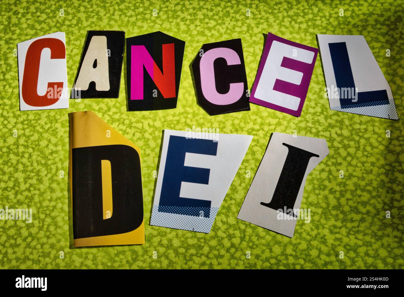 The Words "Cancel DEI" using cut-out paper letters in the ransom note ...
