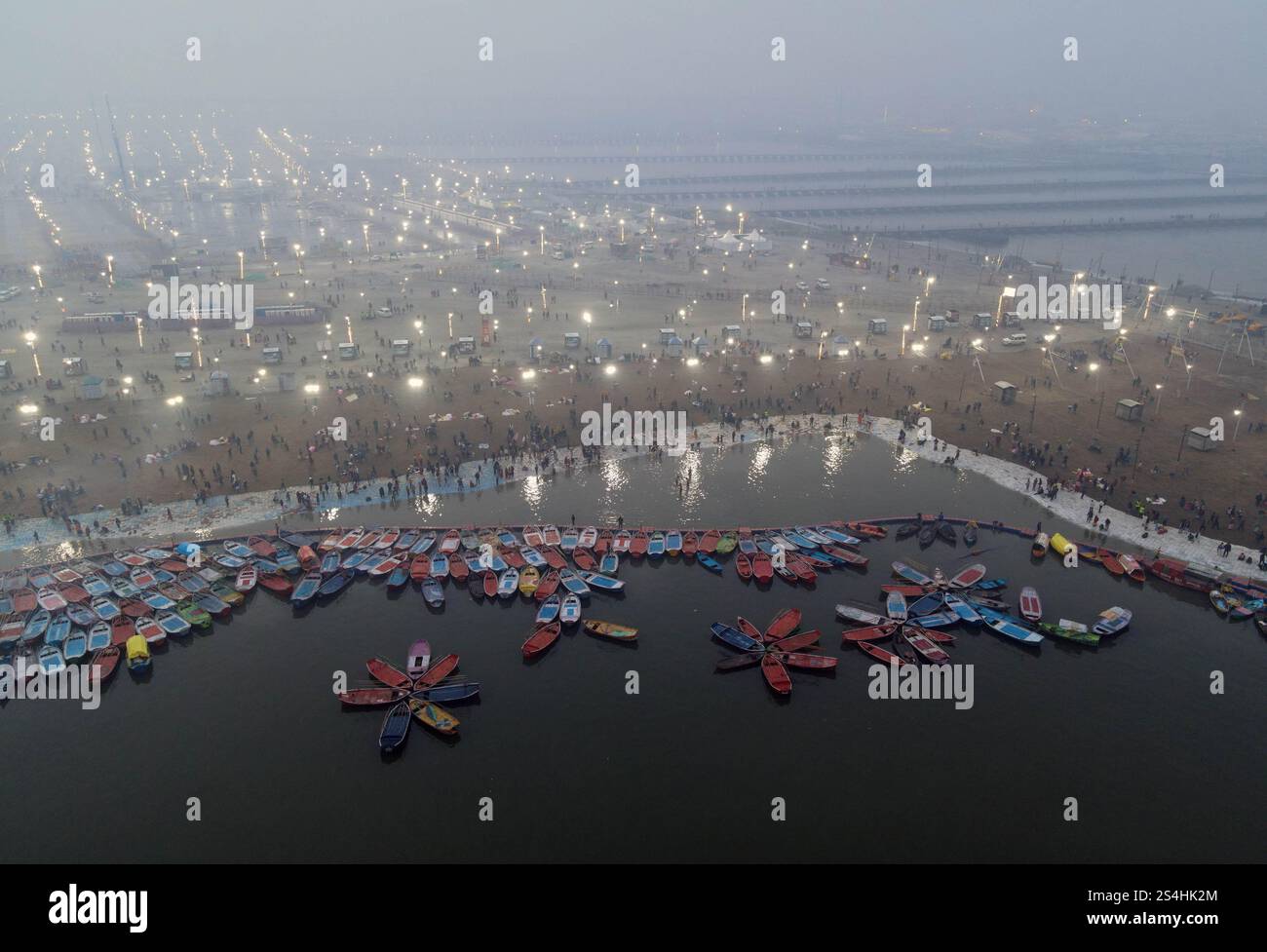 Prayagraj, Uttar Pradesh, India. 12th Jan, 2025. Prayagraj: An Aerial view of Sangam on the eve ...