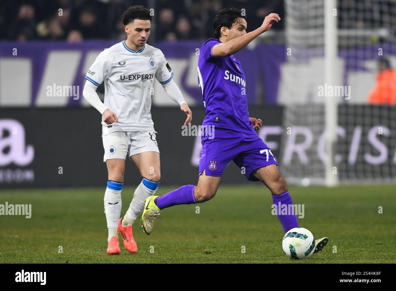 Brussels, Belgium. 12th Jan, 2025. Club's Chemsdine Talbi and Anderlecht's Ali Maamar pictured ...