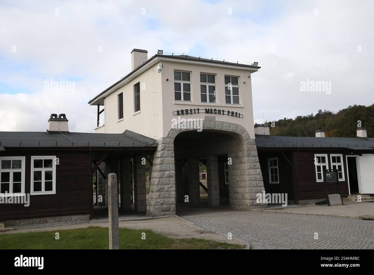 View of the main gate of the former concentration camp Gross-Rosen ...