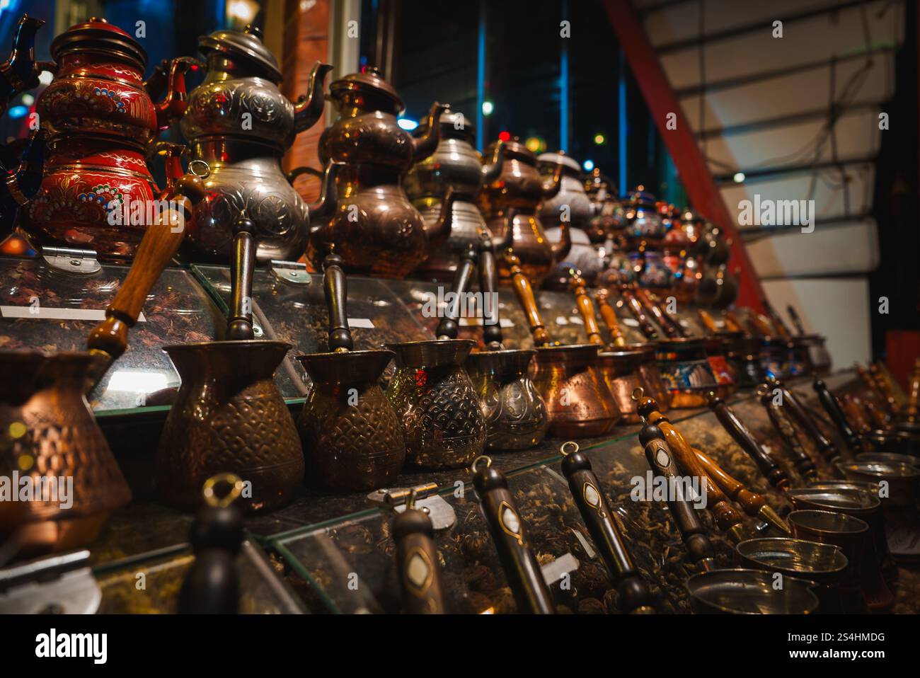 Traditional Turkish Coffee Pots and Teapots in Istanbul Market Stock ...