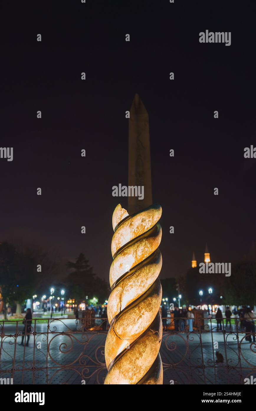 Serpent Column and Obelisk of Theodosius at Night in Istanbul Square ...