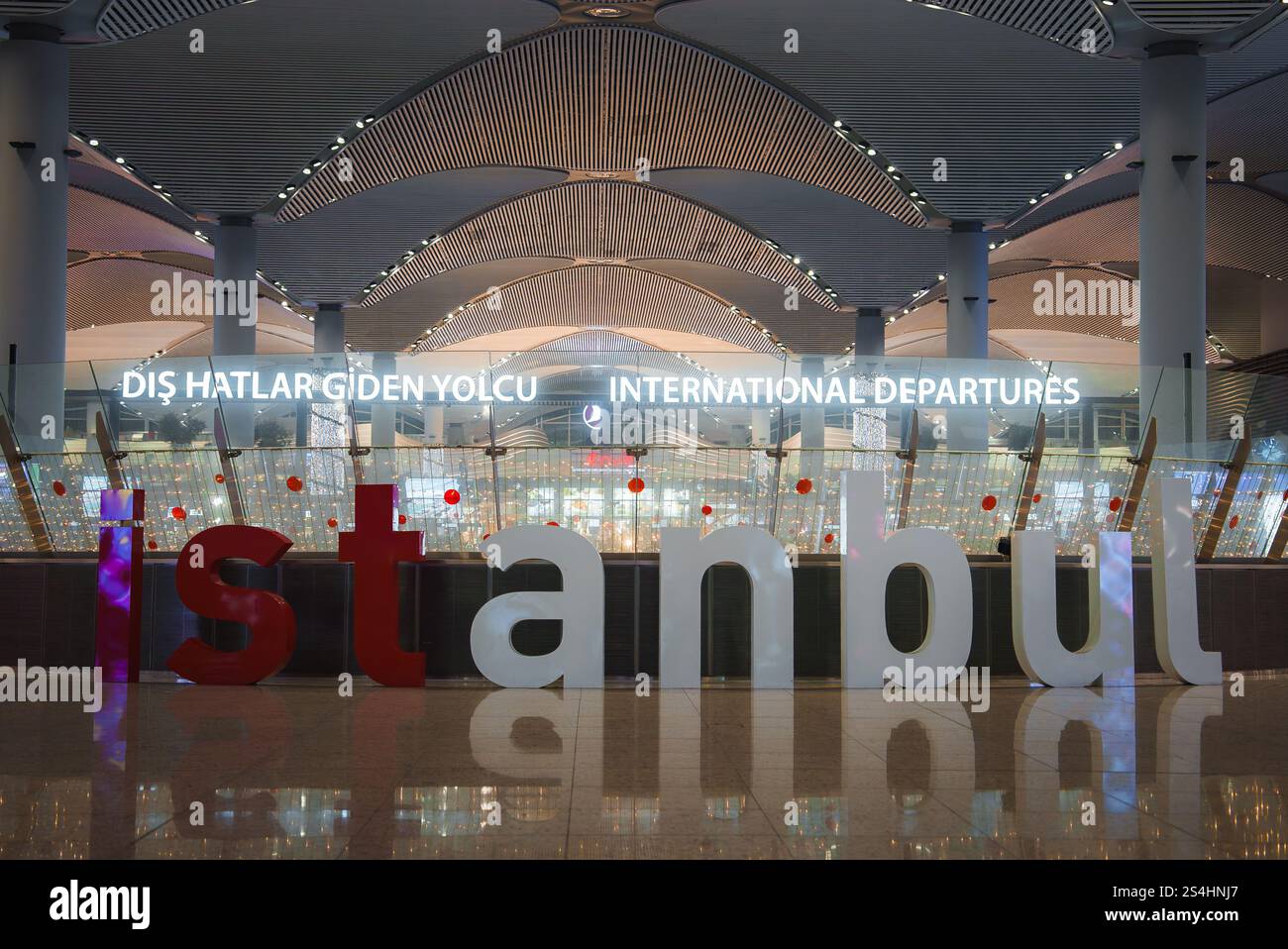 Interior of Istanbul Airport with Illuminated Istanbul Sign Stock Photo ...