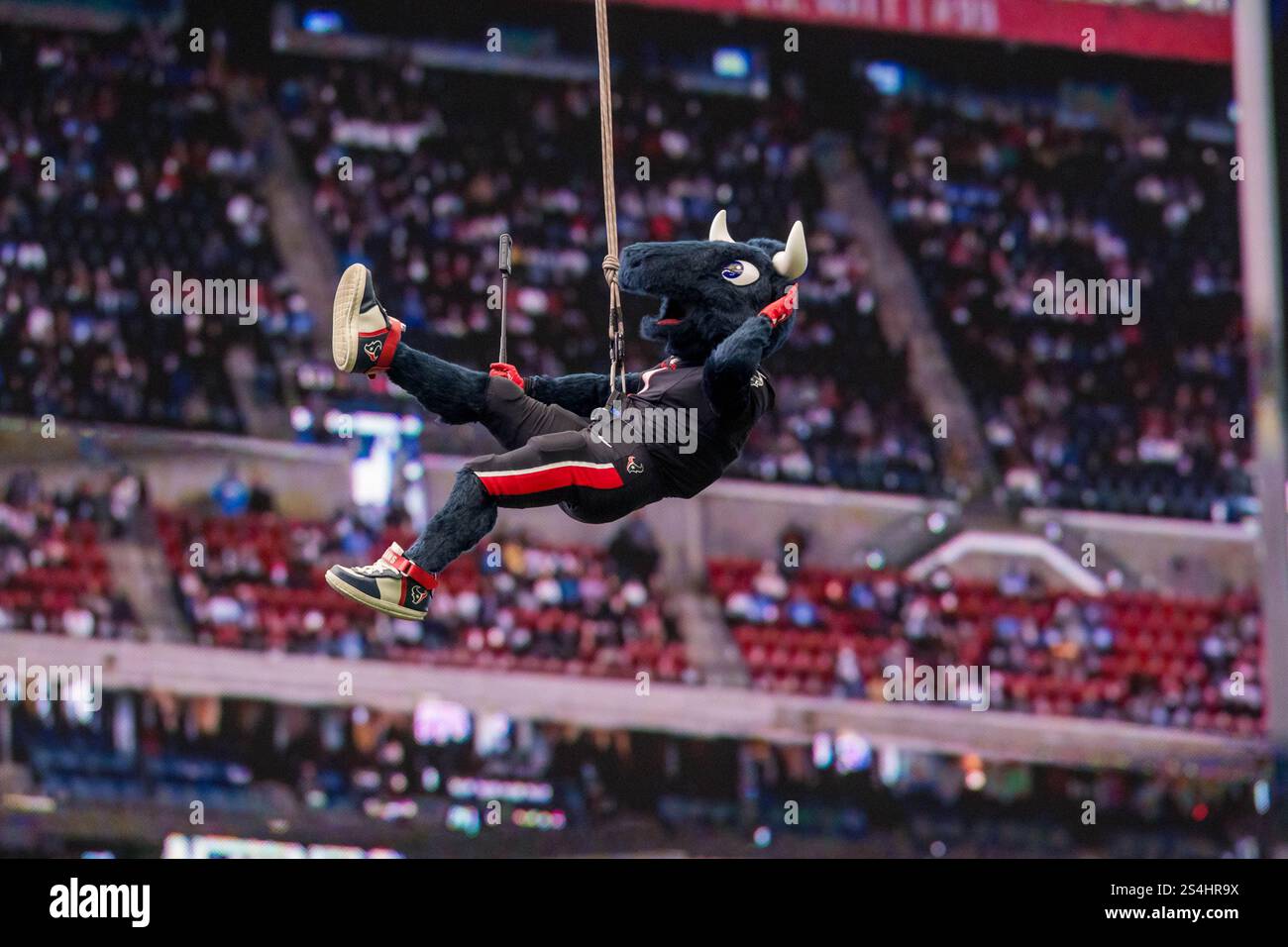 Houston, TX, USA. 11th Jan, 2025. Houston Texans mascot Toro enters the ...