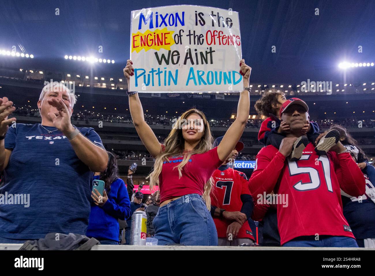 Houston, TX, USA. 11th Jan, 2025. A Houston Texans fan holds a sign ...