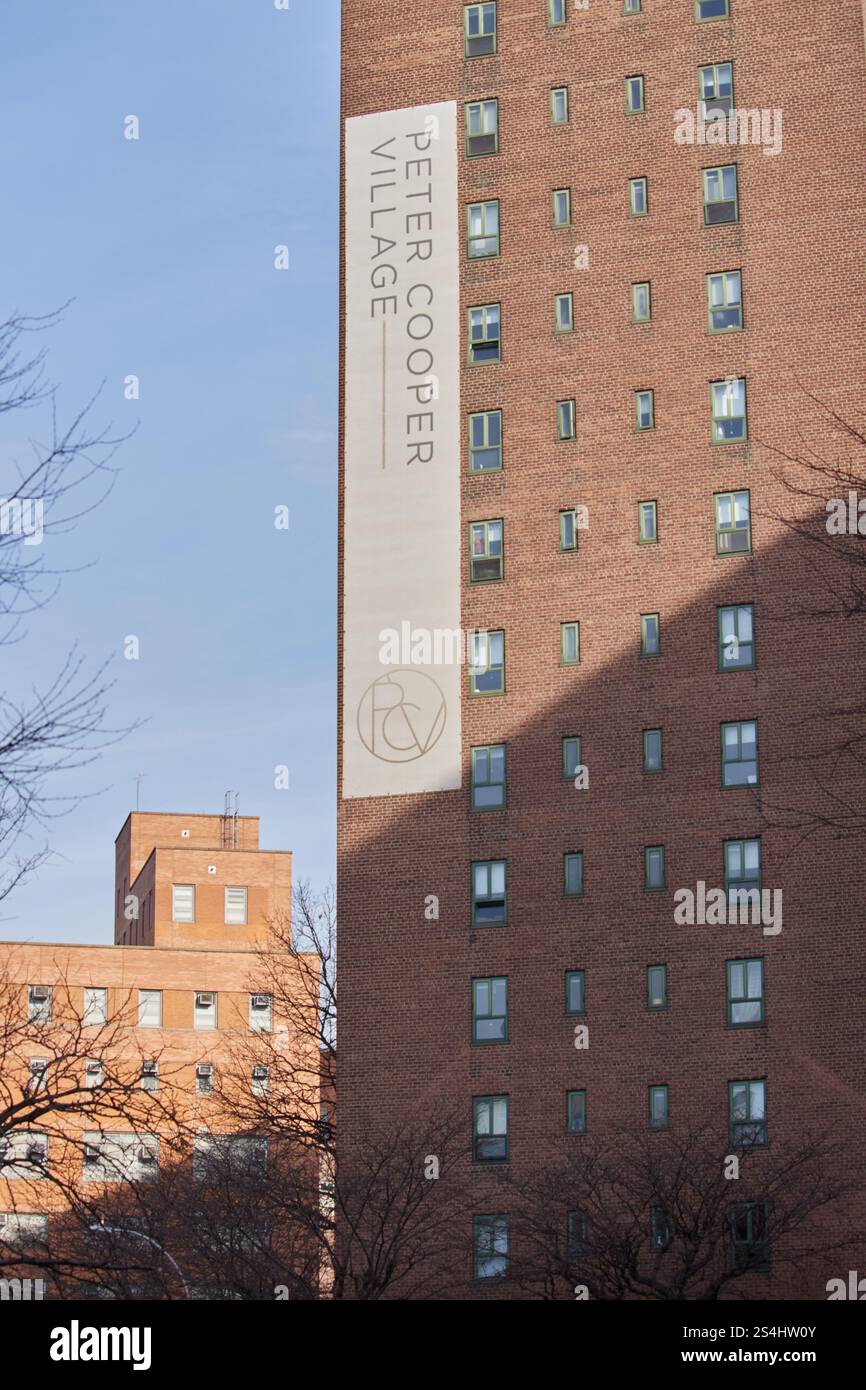 large sign on the exterior wall of Peter Cooper Village residential ...