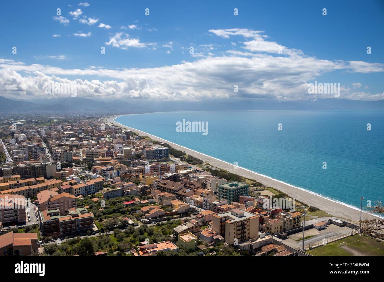Aerial view from the Milazzo Castle built on a hill on the city with a ...