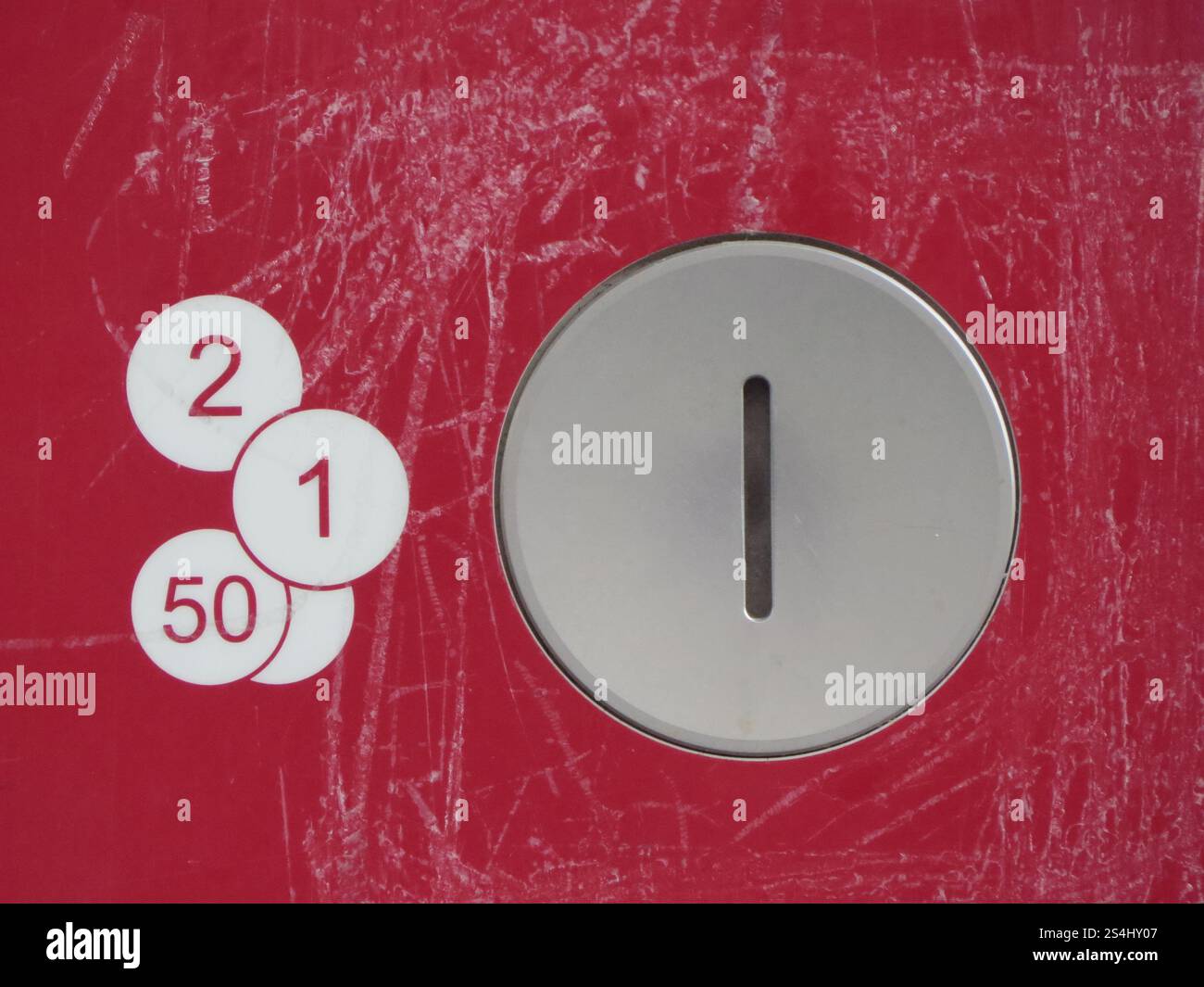 Coin Slot On A Vending Machine With Pictogram of Coins. Red Background ...