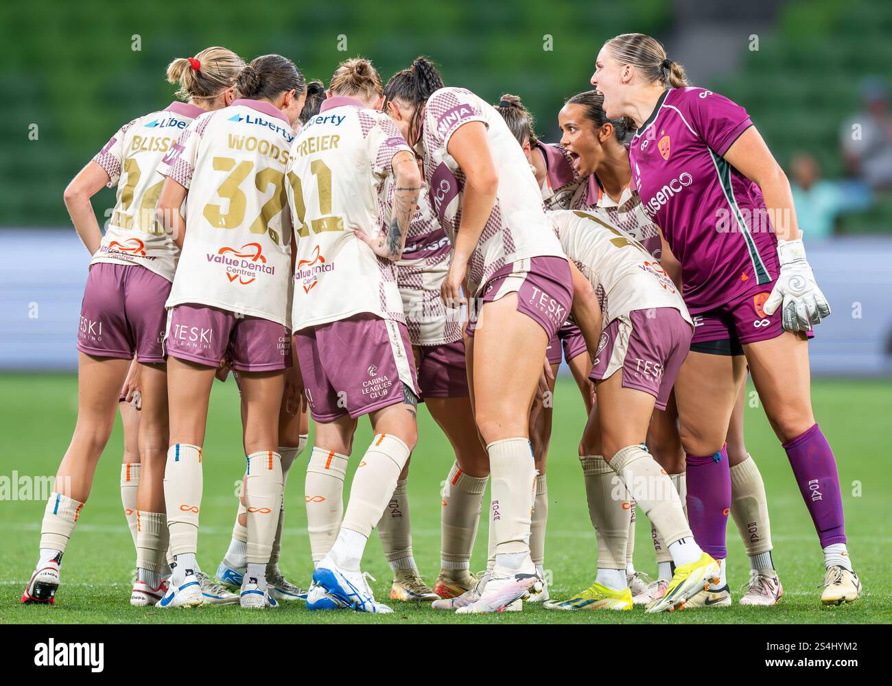 Melbourne, Australia. 11th Jan, 2025. Brisbane Roar's huddle before the second half of the A ...