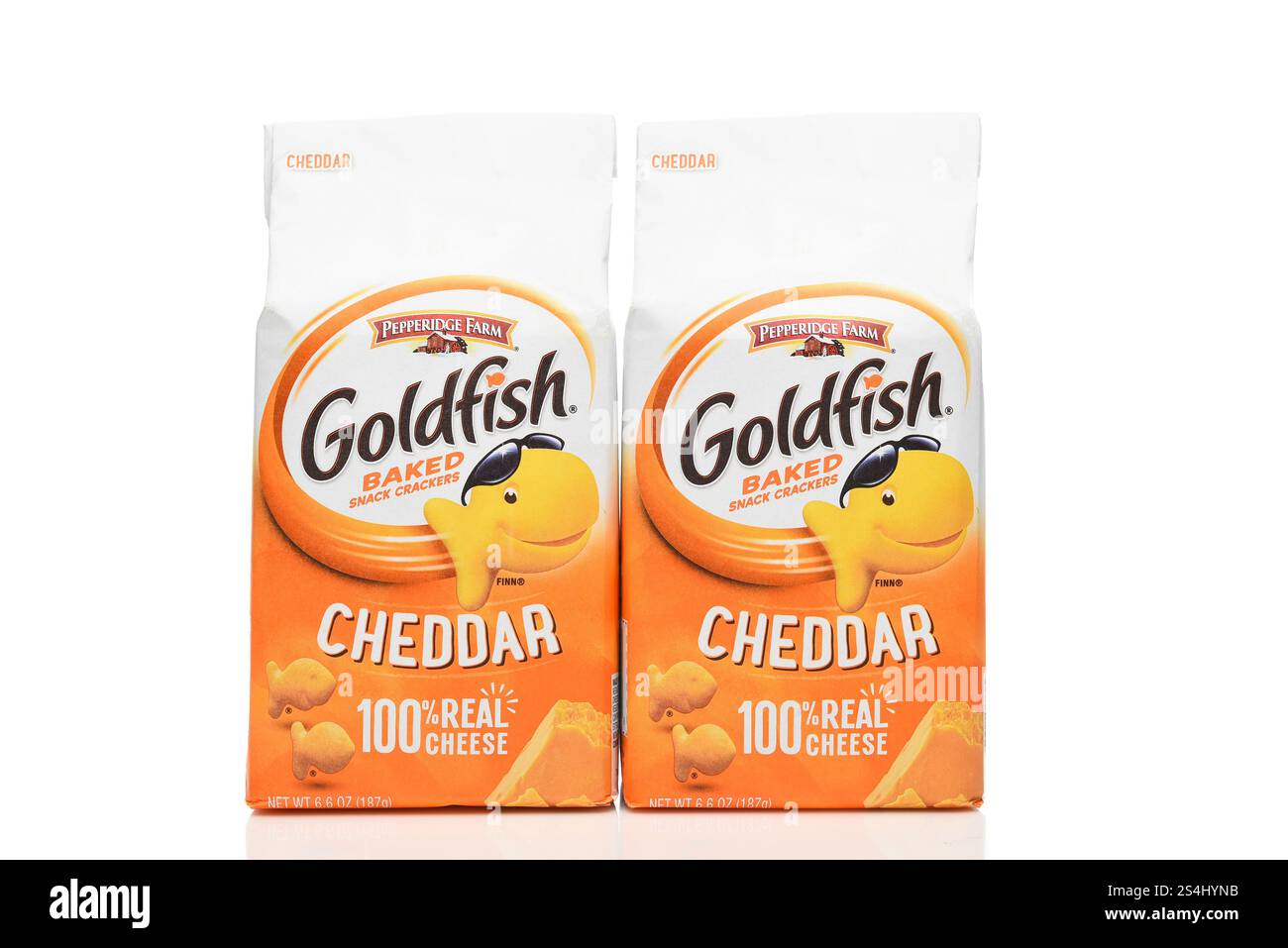 IRVINE, CALIFORNIA - 11 JAN 2025: Two bags of Goldfish Cheddar snack ...