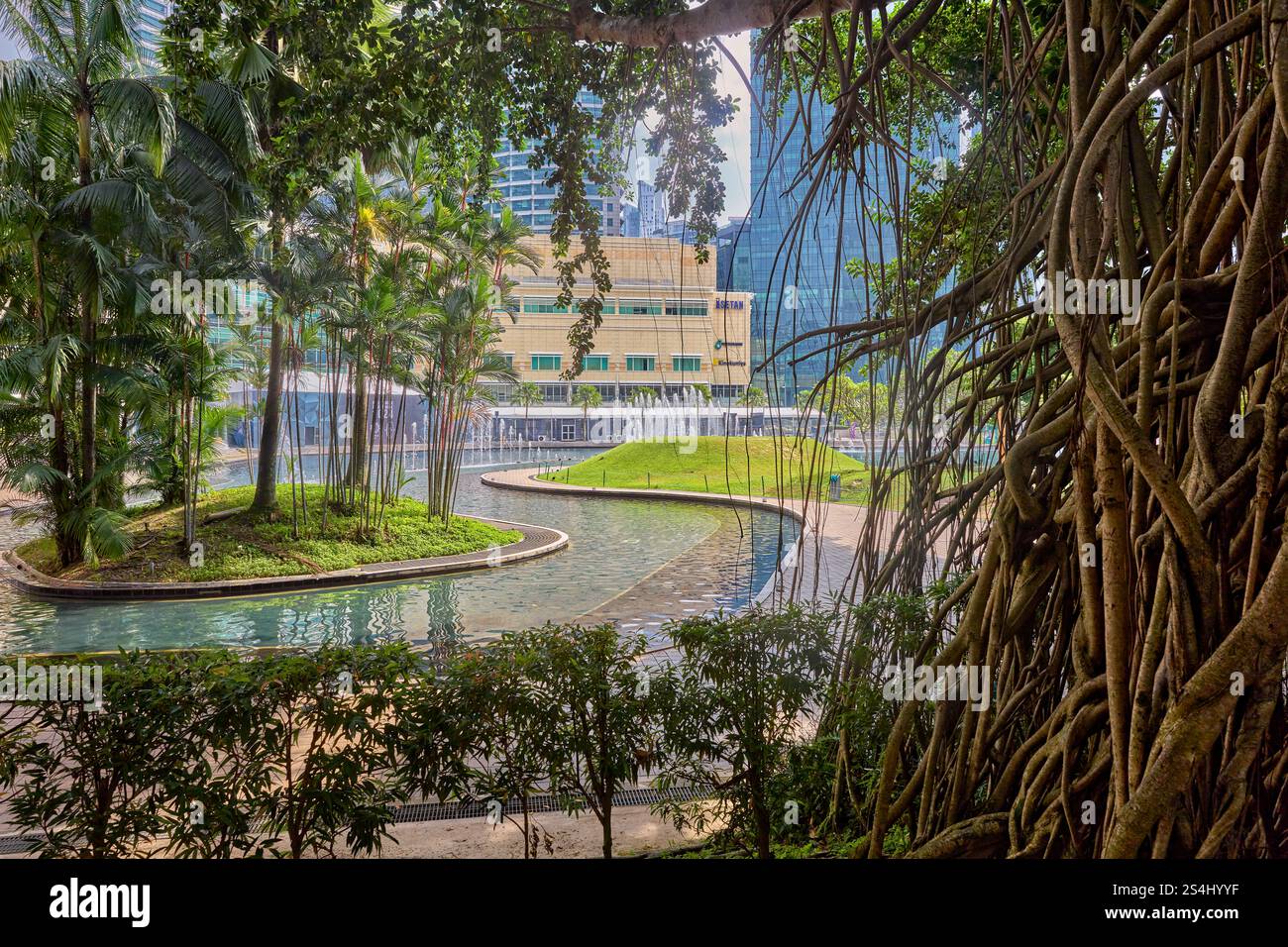 View of the water pool with fountains through tropical trees in the ...