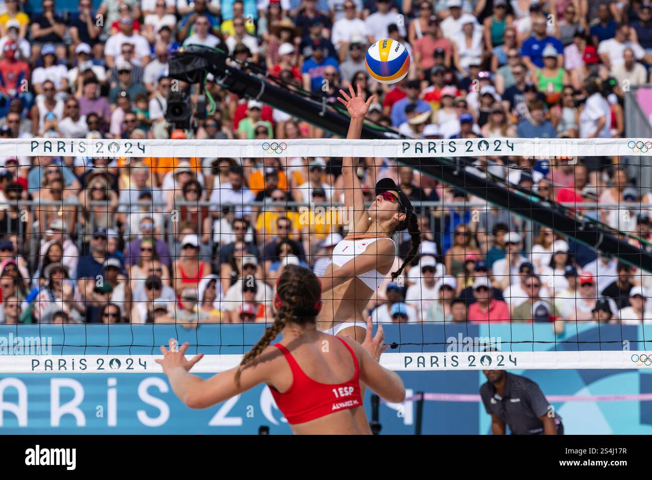 August 07, 2024: Melissa Humana-Paredes of Canada spikes the ball while ...