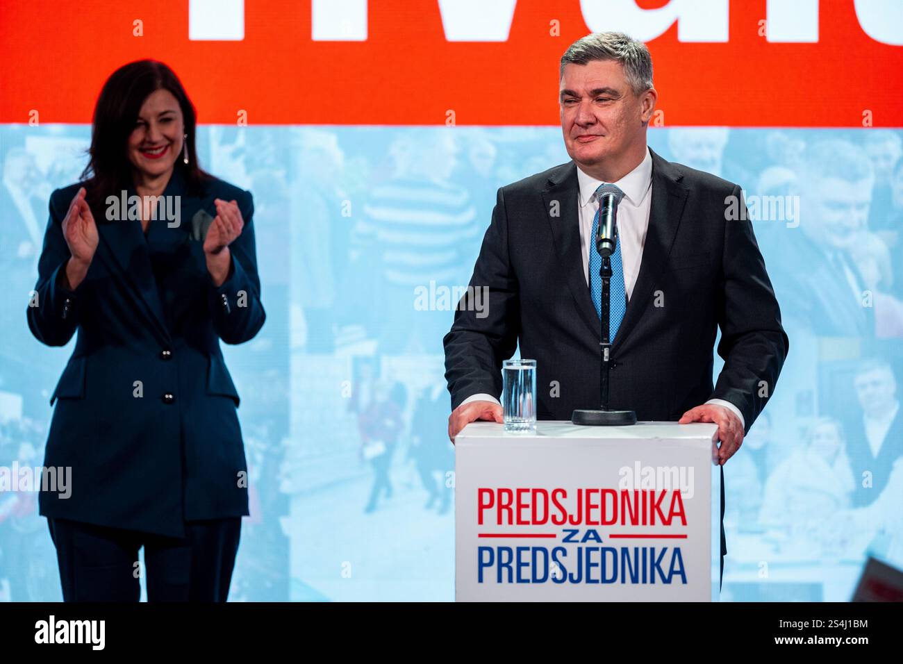 Zagreb, Croatia. January 12, 2025. Re-elected Croatian President Zoran Milanovic with wife Sanja ...