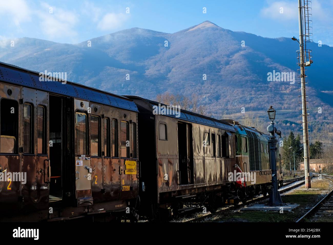 An old train at Castel di Sangro station in Castel di Sangro, Italy ...