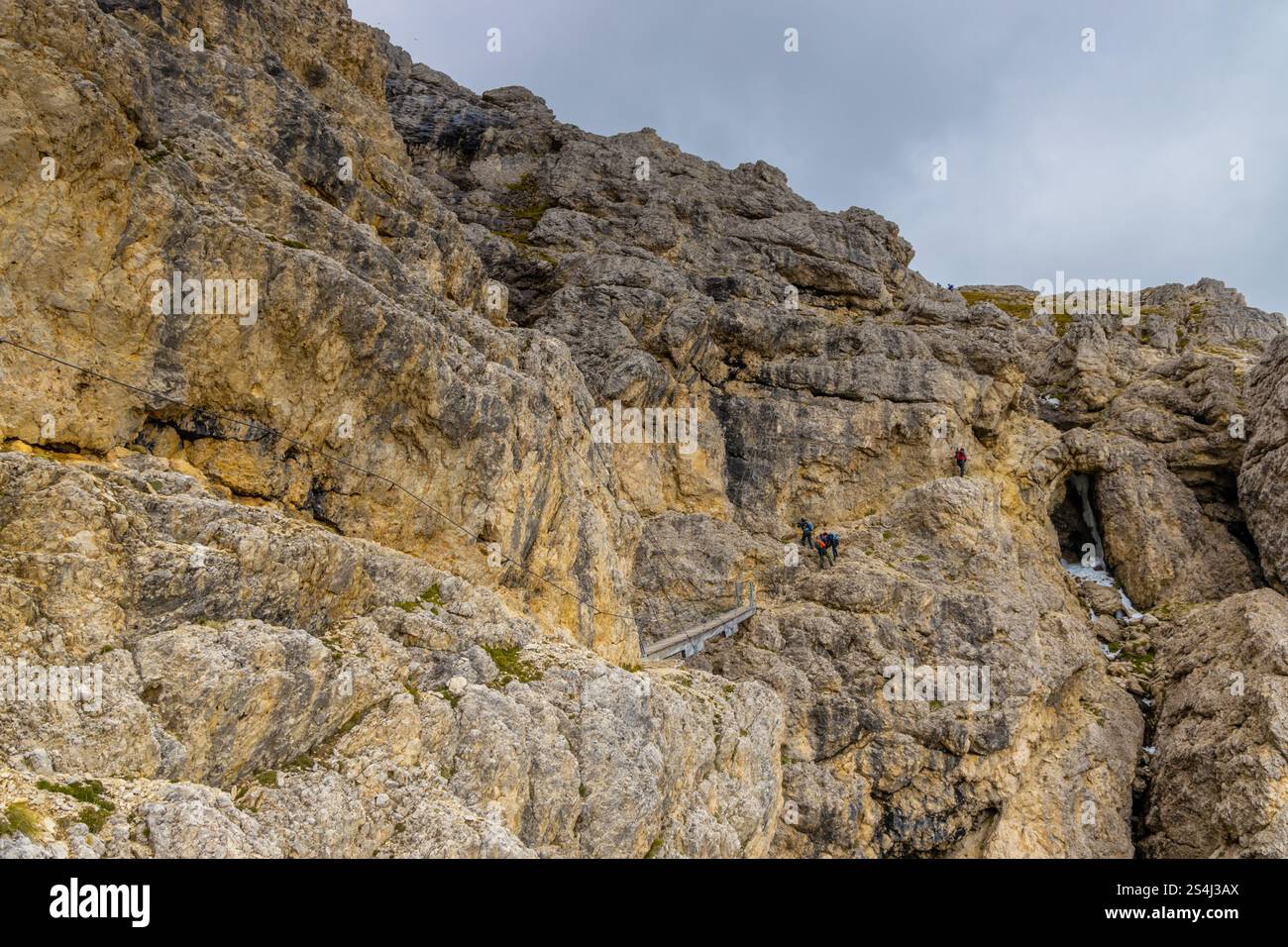 Via ferrata in the Dolomites. Equipped with bridge and steel cable ...