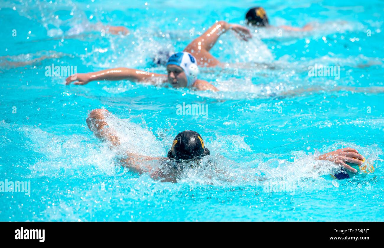 Athletes in swimming pool playing water polo. Aquatic sport ...