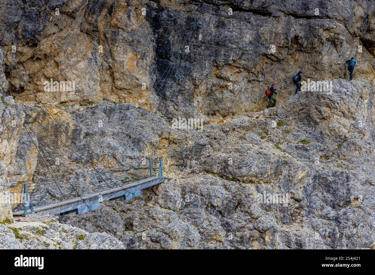 Via ferrata in the Dolomites. Equipped with bridge and steel cable ...