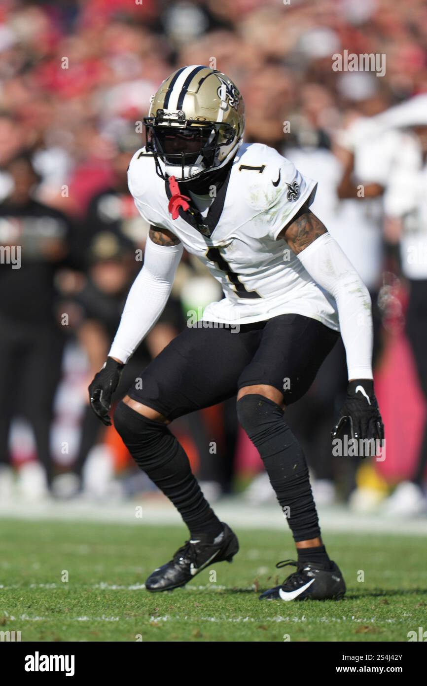 New Orleans Saints cornerback Alontae Taylor (1) eyes the passer as he ...